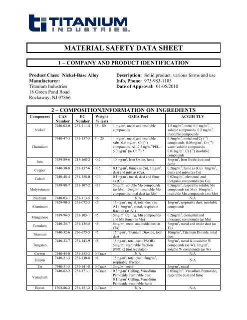 Material Safety Data Sheet â Nickel - Titanium Industries, Inc.
