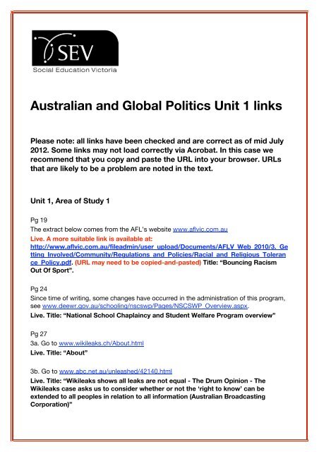 Australian and Global Politics Unit 1 links - Social Education Victoria