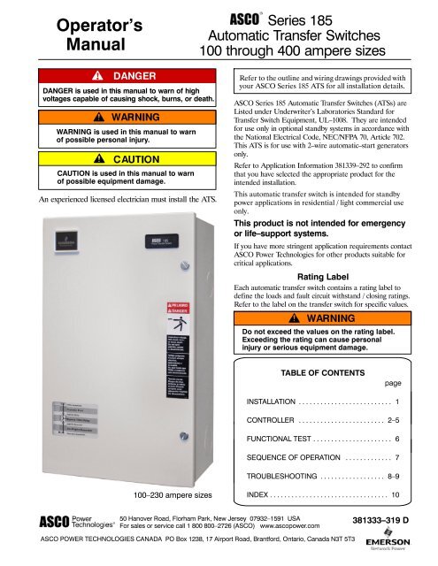 Operator's Manual for Series 185 ATS 100-400 ... - Winco Generators