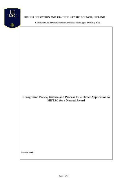 Recognition Policy, Criteria and Process for a Direct ... - HETAC