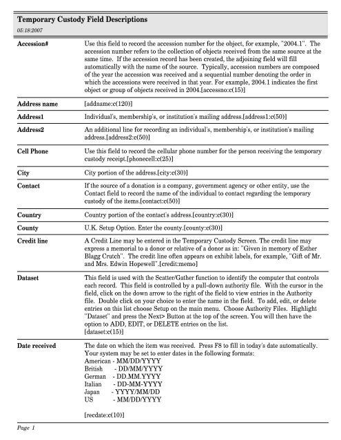 Temporary Custody Field Descriptions - PastPerfect Museum Software