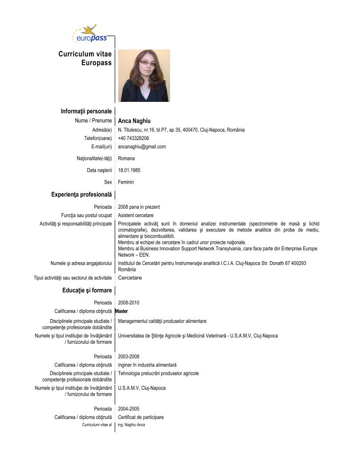 CV Alina Rodica Ani - USAMV Cluj-Napoca
