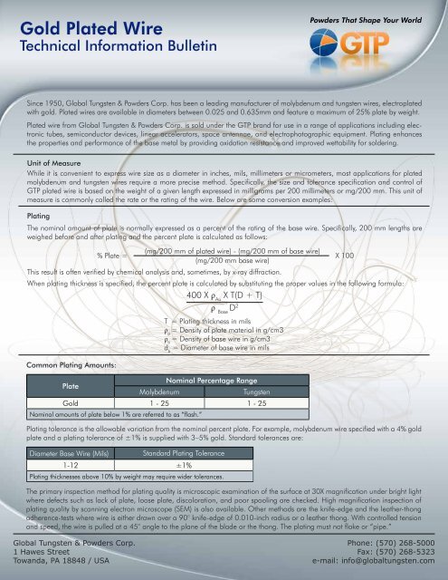 Gold Plated Wire Technical Bulletin - GTP