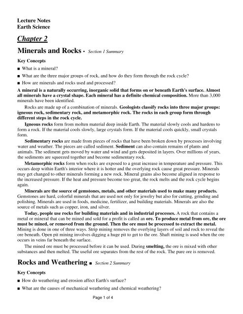Chapter 2 Minerals and Rocks â ¢ Section 1 Summary - Mr.E Science