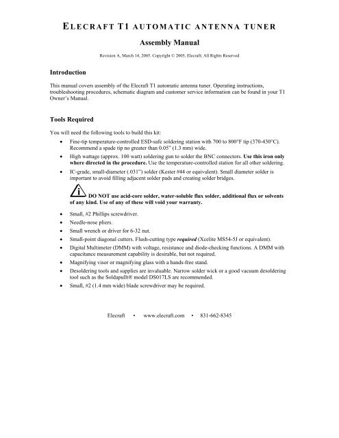 ELECRAFT T1 AUTOMATIC ANTENNA TUNER Assembly Manual