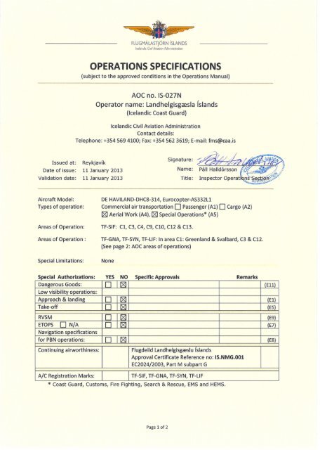 OPERATIONS SPECIFICATIONS