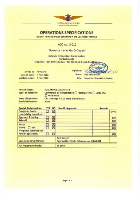 OPERATIONS SPECIFICATIONS