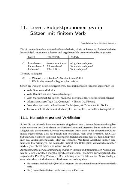 11. Leeres Subjektpronomen pro in Sätzen mit finitem Verb