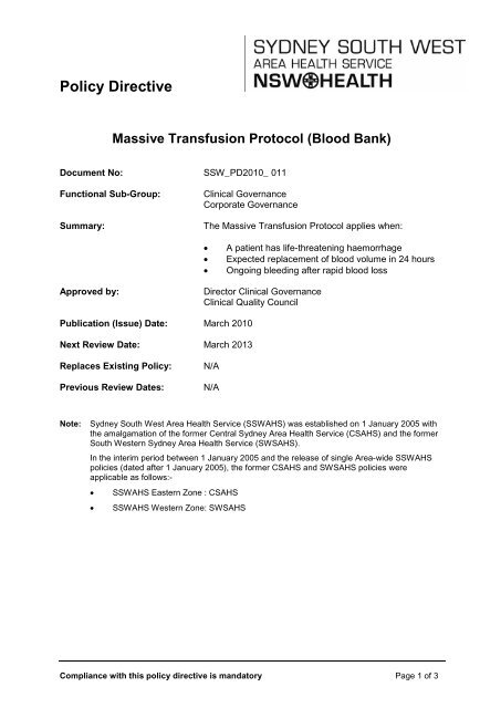 Massive Transfusion Protocol - Sydney South West Area Health ...