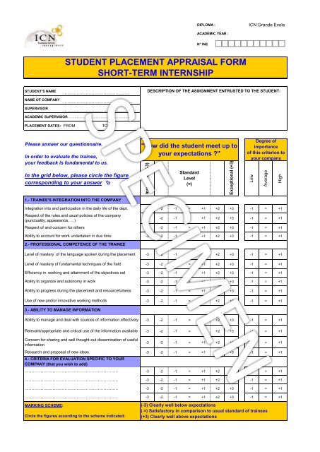 student placement appraisal form short-term internship - ICNContact