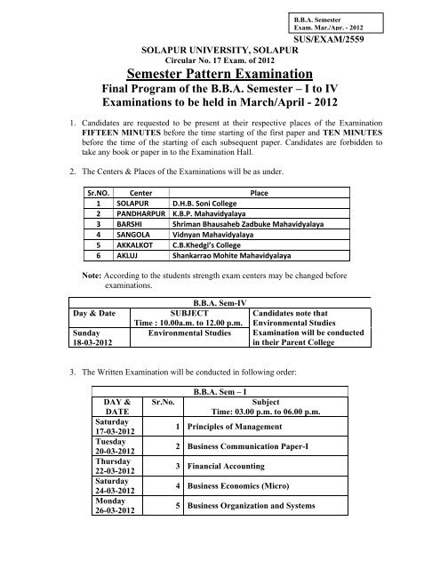 Semester Pattern Examination - Solapur University