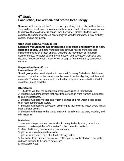 6th Grade Conduction, Convection, and Stored Heat Energy