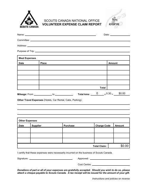 Volunteer Expense Claim Form - Scouts Canada