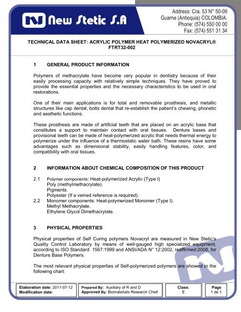 TECHNICAL DATA SHEET: ACRYLIC POLYMER HEAT ... - New Stetic