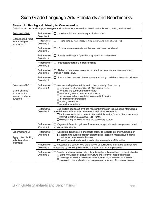Sixth Grade Language Arts Standards And Benchmarks Sixth Grade Language Arts Standards And Benchmarks