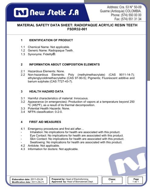 material safety data sheet: radiopaque acrylic resin ... - New Stetic