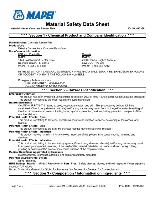 Mapei Concrete Renew Fine MSDS - T and A Supply Company, Inc.