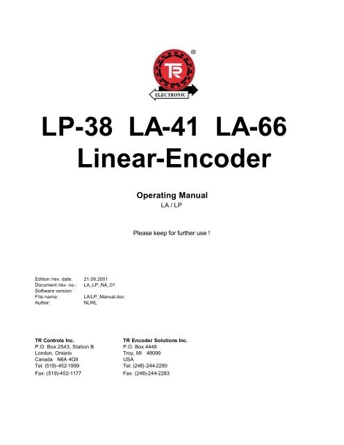 LP-38 LA-41 LA-66 Linear-Encoder Operating Manual - TR Electronic