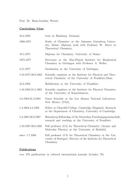 Prof. Dr. Hans-Joachim Werner Curriculum Vitae 16.4.1950 born in ...