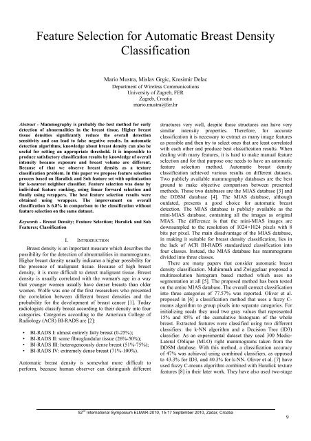 Feature Selection For Automatic Breast Density Classification Vcl
