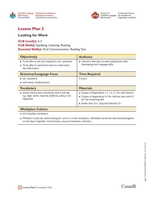 Lesson Plan 3 - Canadian Language Benchmarks' Essential Skills ...