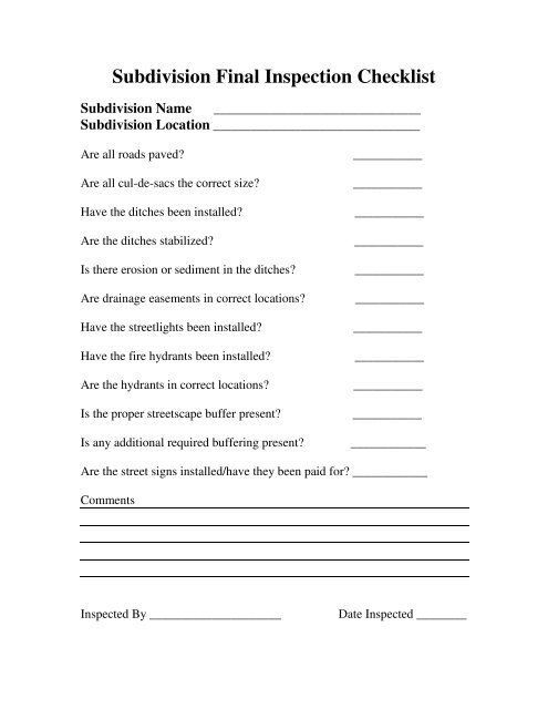 Subdivision Final Inspection Checklist