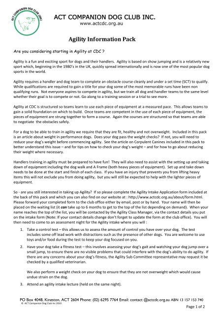 Agility Intake Form - ACT Companion Dog Club