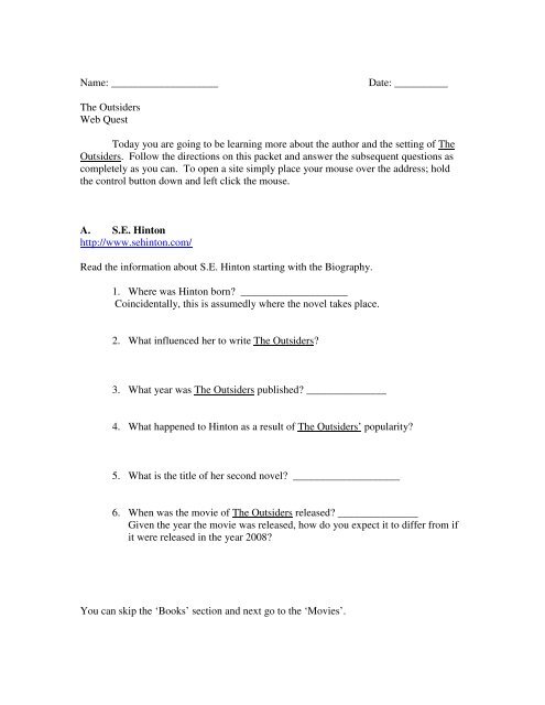 The Outsiders Web Quest