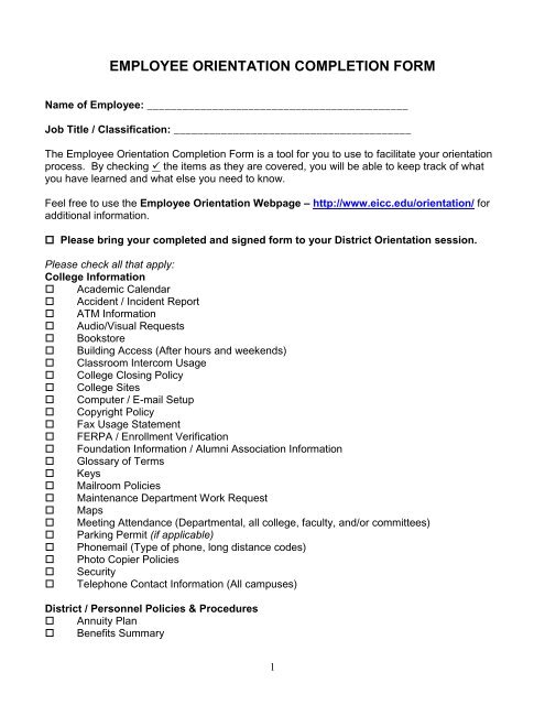 employee orientation completion form - Eastern Iowa Community ...