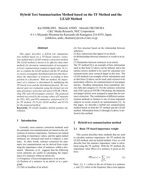 Hybrid Text Summarization Method Based On The Tf Method And The