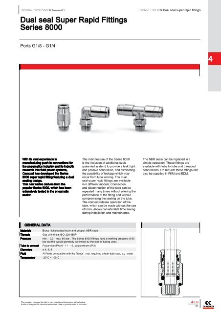 Camozzi dual seal super rapid fittings series 8000 data sheet