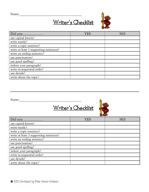 Writer's Checklist Writer's Checklist - Busy Teacher's Cafe