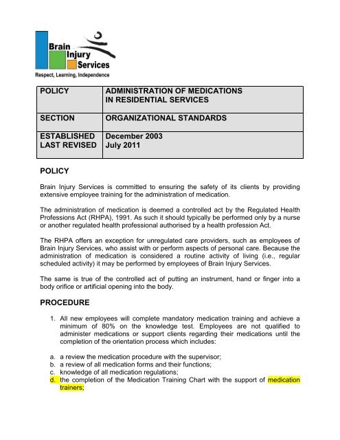 Policy: Sample Administration of Medications in Residential Services