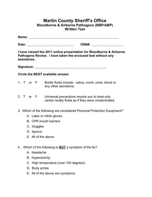 Bloodborne and Airborne Pathogens Test Answers