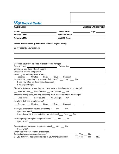 Vestibular History Form - UCSF Medical Center