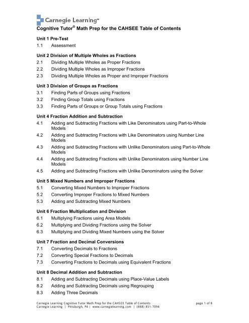 Cognitive Tutor® Math Prep for the CAHSEE Table of Contents