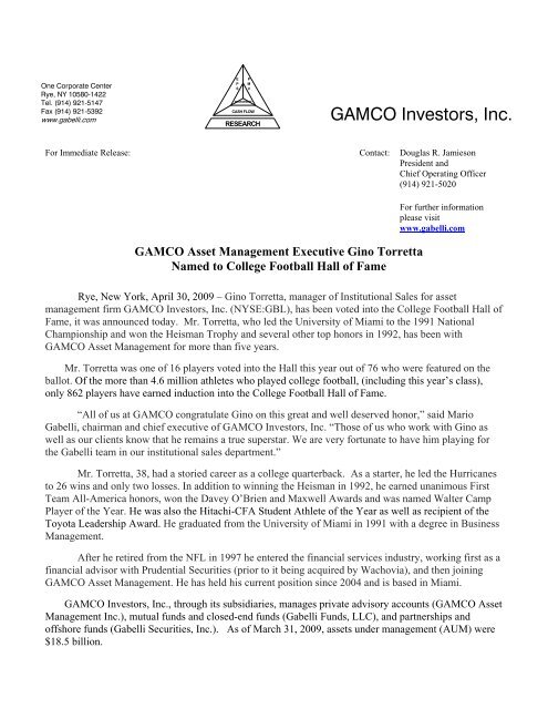 GAMCO Asset Management Executive Gino Torretta ... - Gabelli