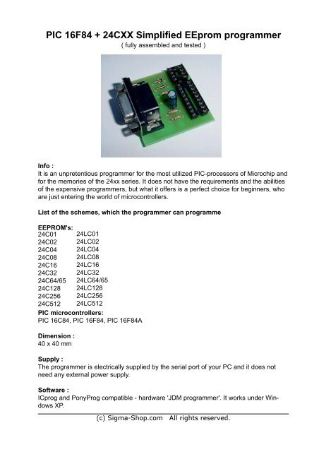 PIC 16F84 + 24CXX Simplified EEprom programmer