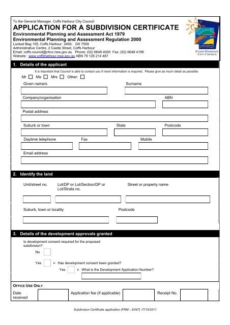 Subdivision Certificate Application Form (.pdf) - Coffs Harbour City ...