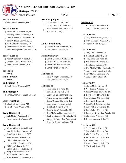 NATIONAL SENIOR PRO RODEO ASSOCIATION McGregor, TX #2 ...