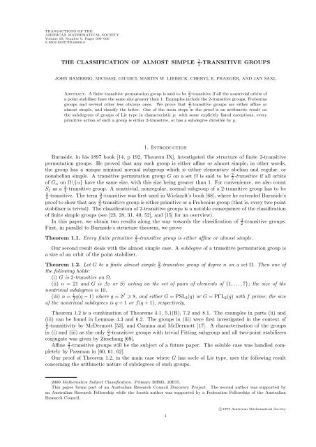 The classification of almost simple 3/2-transitive groups - Imperial ...