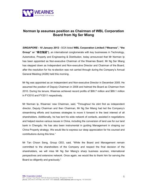 Norman Ip assumes position as Chairman of WBL Corporation ...