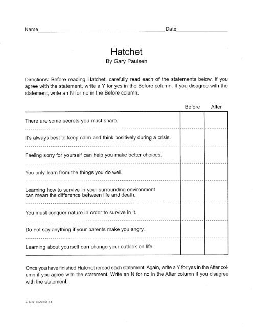 Hatchet Anticipation Guide