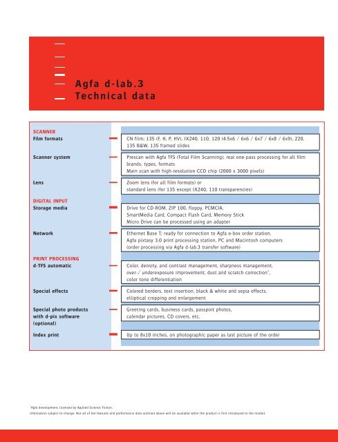 Agfa d-lab.3 Technical data - FootPrints Equipment Inc