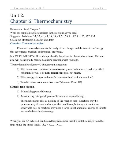 Unit 2: Chapter 6: Thermochemistry - Moorpark College