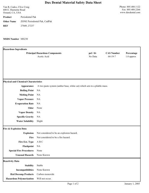 MSDS, Material Safety Data Sheet - DUX Dental