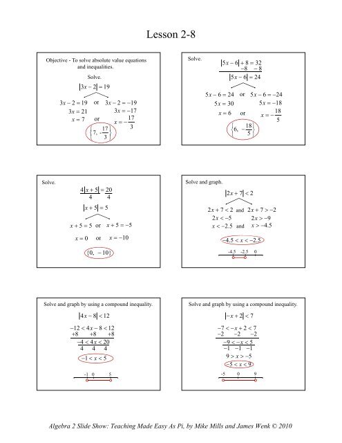 2-8 Solving Absolute Value Equations and ... - Math Slide Show