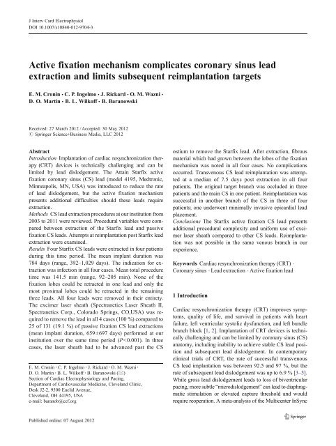 Active fixation mechanism complicates coronary sinus lead ...