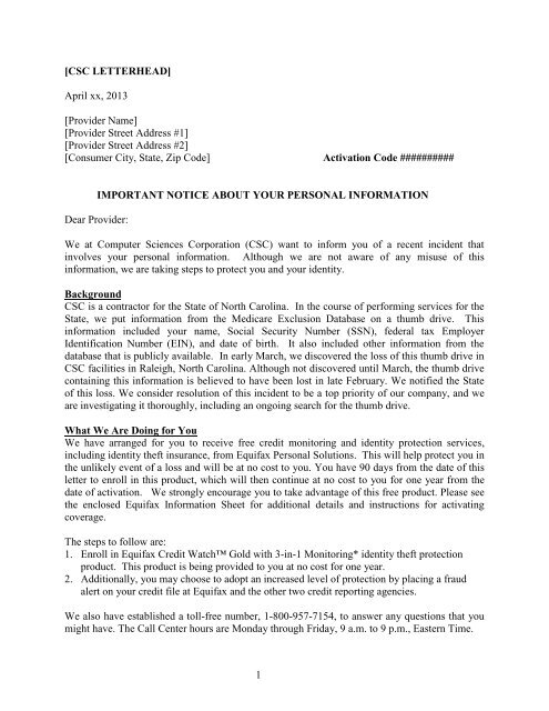 Notice Letter to Affected Individuals - Attorney General