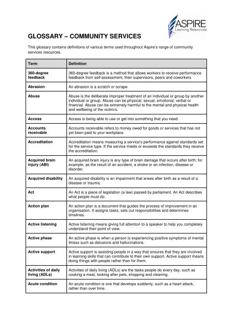 Community Services Glossary 130112 - Aspire Learning Resources